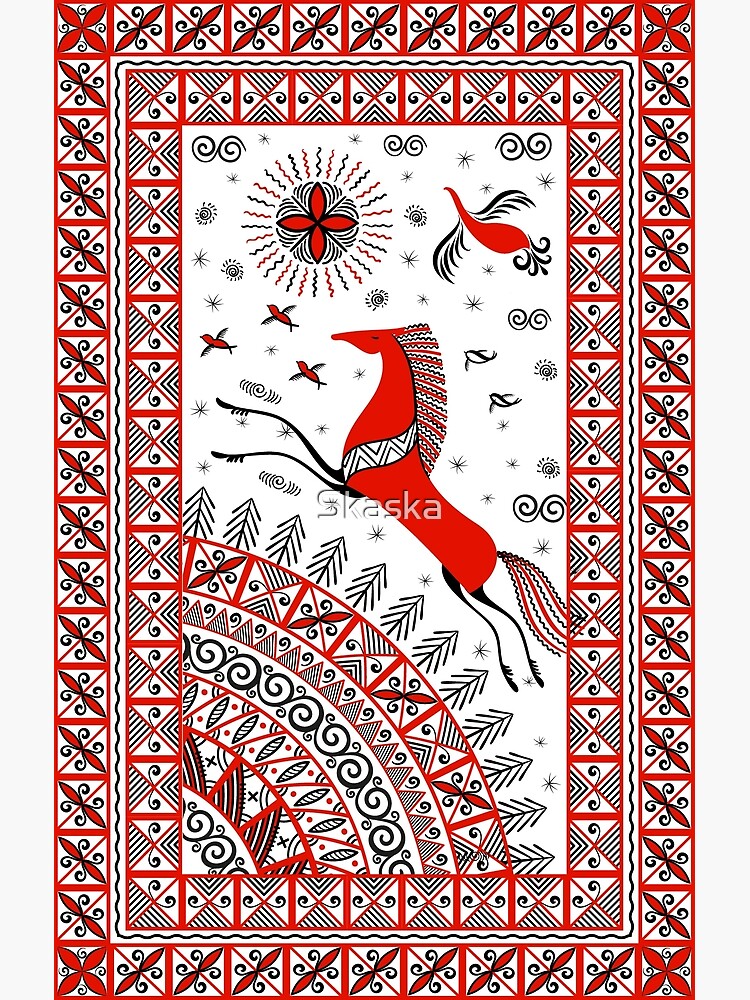 "Galloping horse, birds, sun. Mezen painting. Russian folklore. A ...
