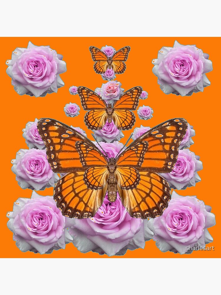 " ORANGE--- YELLOW MONARCH BUTTERFLIES PINK ROSES ART" Poster by ...