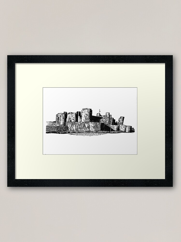 "beautiful line drawing of Caerphilly castle circa 1290" Framed Art ...