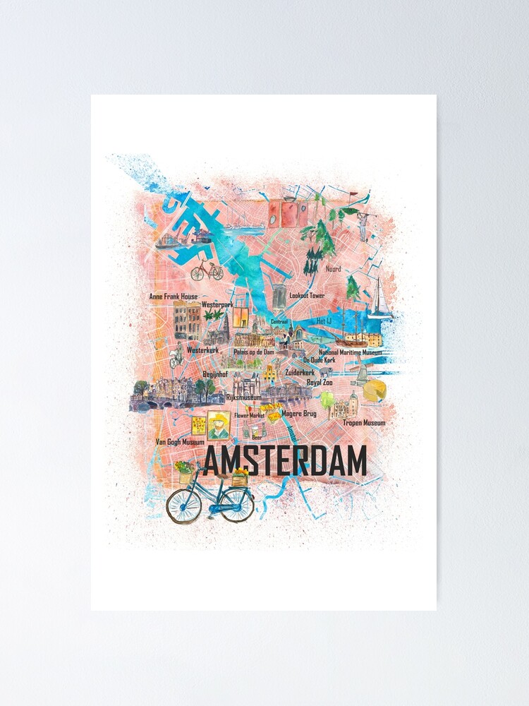 "Amsterdam Netherlands Illustrated Map with Main Roads Landmarks and ...