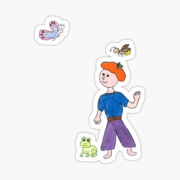 "Cartoon. A boy with animals. Frog, butterfly, skylight insect" Sticker ...