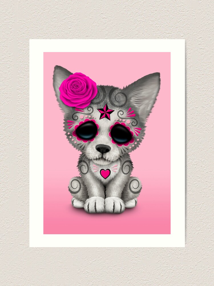 "Pink Day of the Dead Sugar Skull Wolf Cub" Art Print for Sale by ...