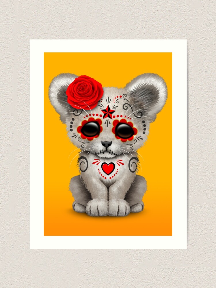 "Red Day of the Dead Sugar Skull White Lion Cub" Art Print for Sale by ...