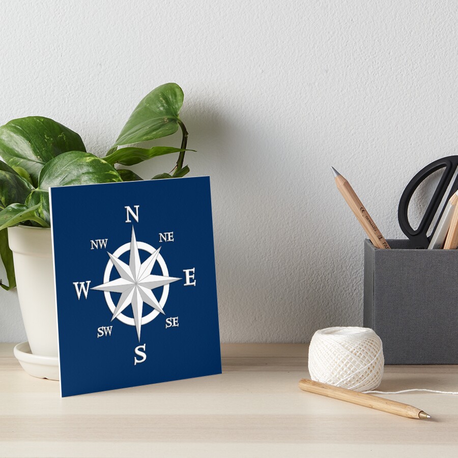 "Eight Point Compass Rose, White and Navy Blue" Art Board Print by ...