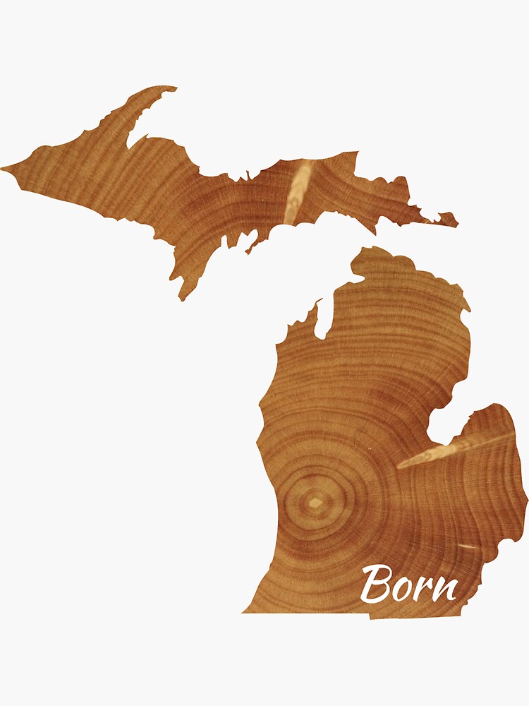 "Born in Michigan Wood Grain" Sticker by GeographerDude | Redbubble