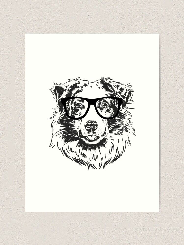 "Hipster Australian Shepherd Aussie Dog Line Drawing" Art Print by ...