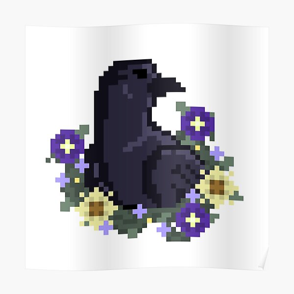 "Pixel Art Crow with Flowers" Poster by moonulo | Redbubble
