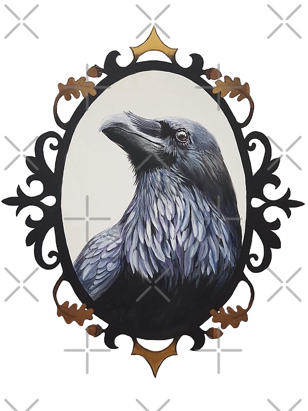 "Raven - bird portrait with oak leaf oval frame" by Emily Bickell ...
