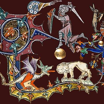 "WEIRD BESTIARY,MEDIEVAL KNIGHT FIGHTING SNAIL,DRAGON AND LION IN RED ...