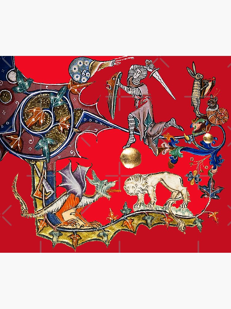 "MEDIEVAL KNIGHT FIGHTING SNAIL,DRAGON AND LION IN ROYAL RED " Sticker ...
