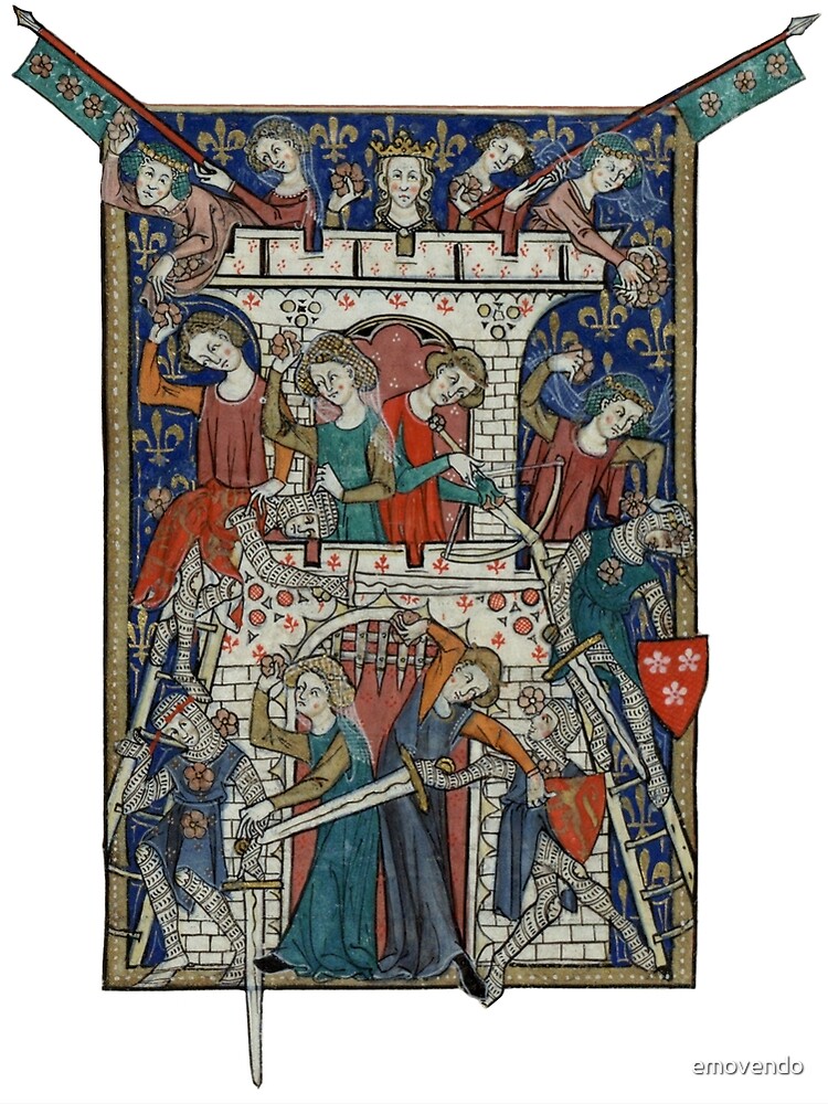 "Medieval Women Defending Castle with Flowers - Illuminated Manuscript ...
