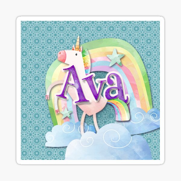 "Cute Personalized - Ava - Sticker - Unicorn on Cloud with Rainbow ...