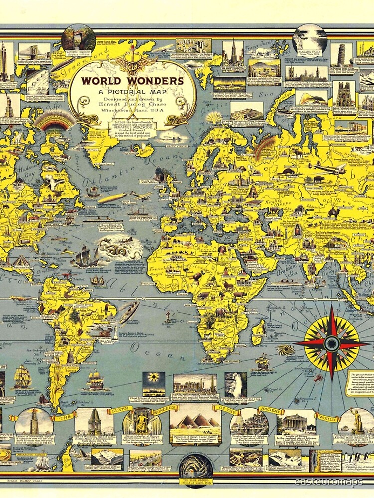 Yellow-Blue Vintage Pictorial World Map World Wonders Cartoon Map ...