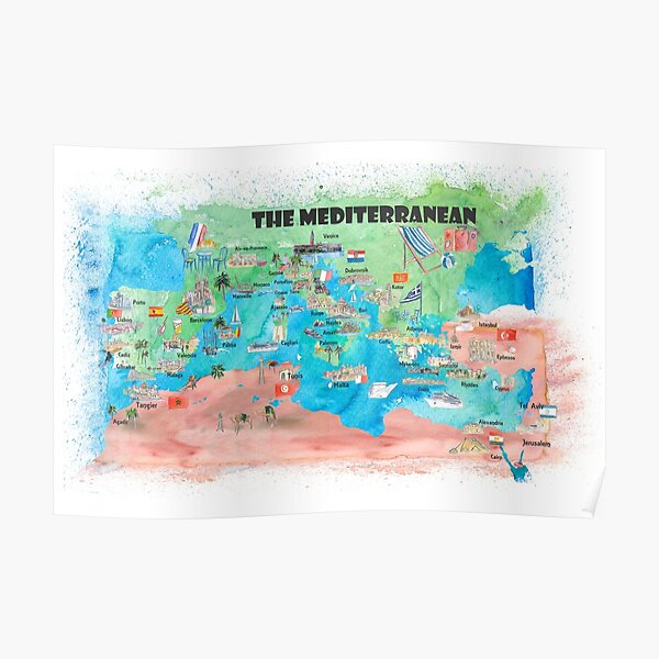 "Mediterranean Cruise Travel Poster Map Spain Italy Greece Palma Ibiza ...