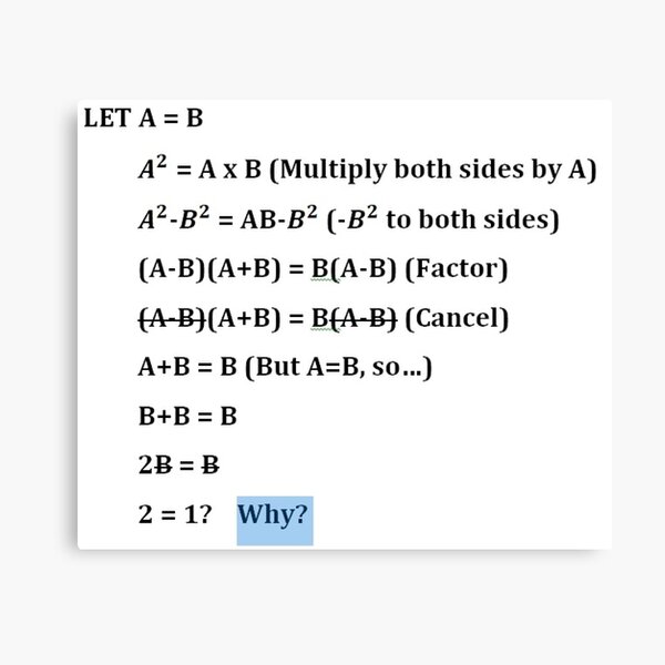 "Fake Math Proof Of 2=1" Canvas Print for Sale by hdl3333 | Redbubble