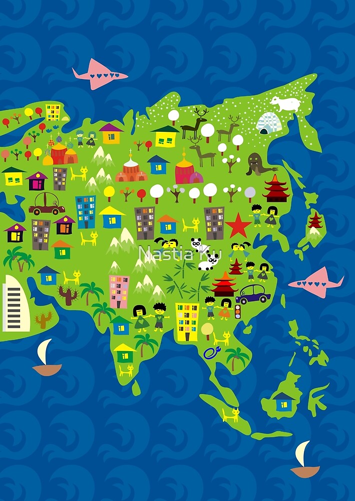 "Cartoon Map of Asia" by Nastia Ku | Redbubble