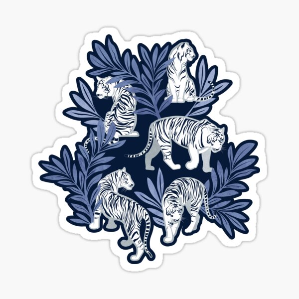 "Nouveau white tigers // navy blue background blue leaves silver lines ...