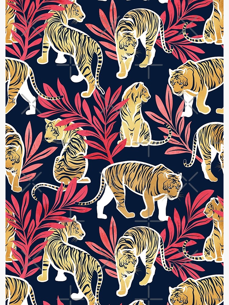 "Nouveau yellow tigers // navy blue background red leaves white lines ...