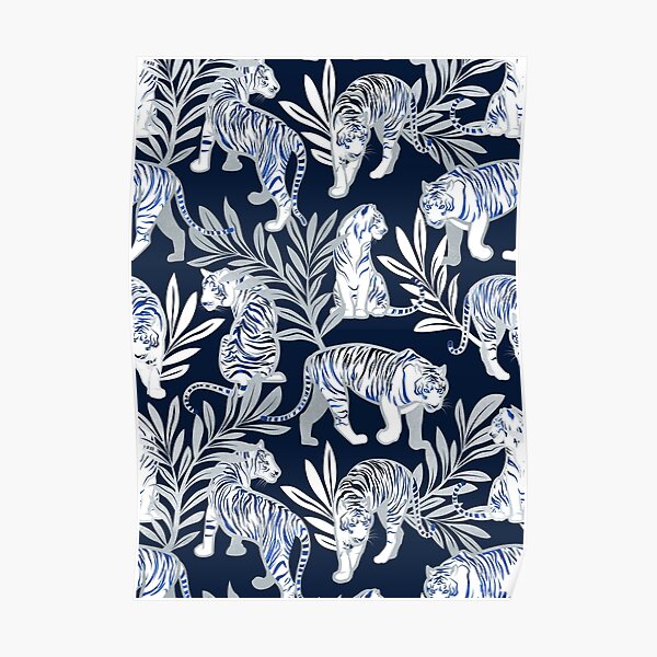 "Nouveau white tigers // navy blue background metal silver leaves and ...