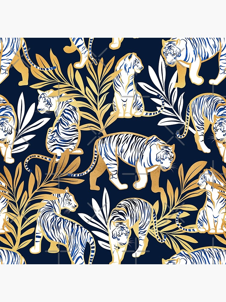 "Nouveau white tigers // navy blue background metal gold leaves and ...
