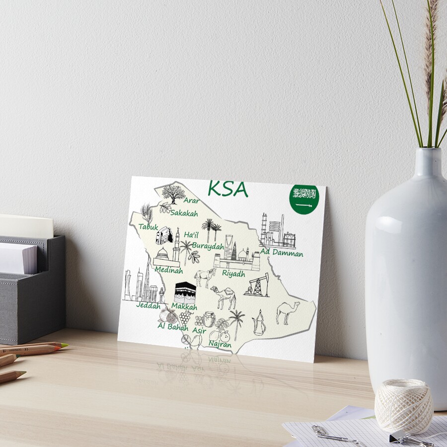 "Saudi Arabia Map hand drawn KSA tourist attractions cities flag " Art ...