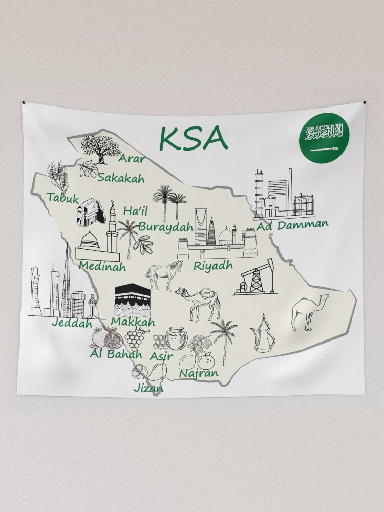 "Saudi Arabia Map hand drawn KSA tourist attractions cities flag ...