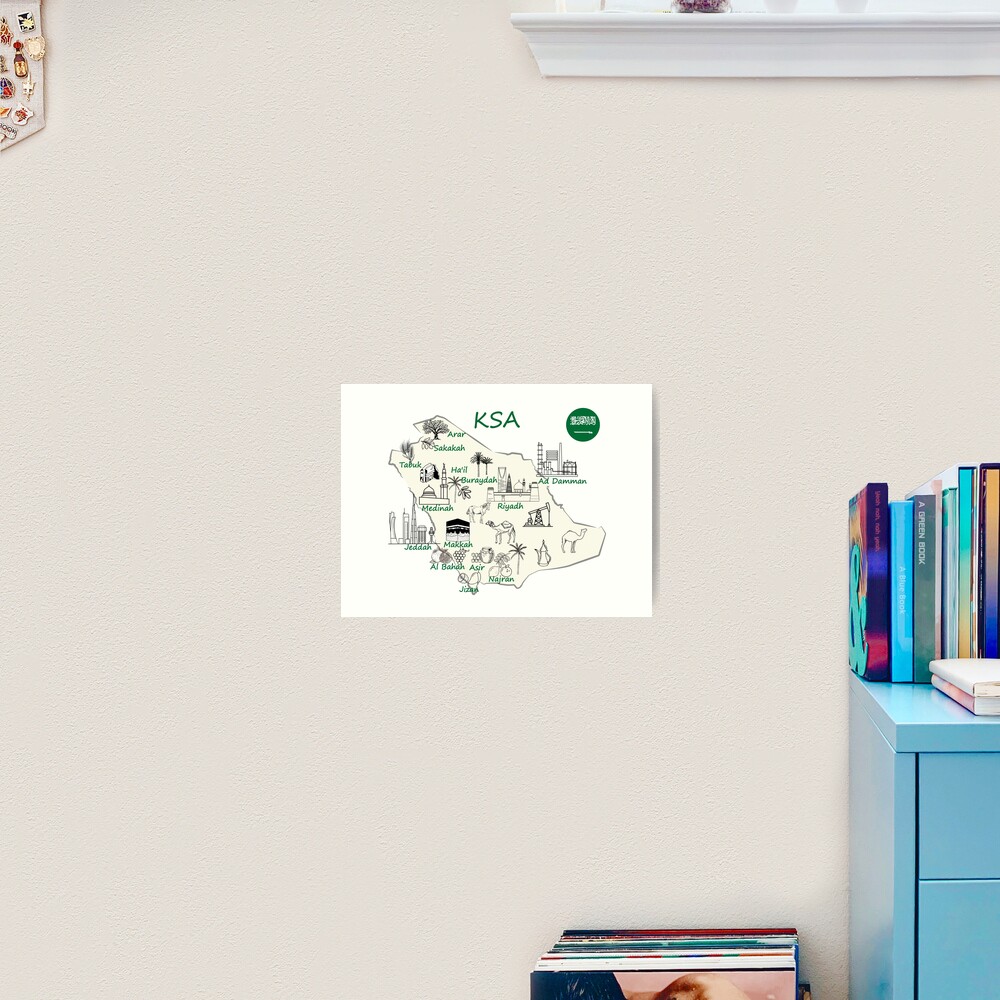 "Saudi Arabia Map hand drawn KSA tourist attractions cities flag " Art ...