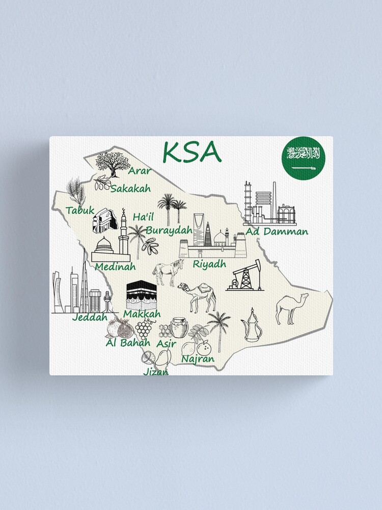"Saudi Arabia Map hand drawn KSA tourist attractions cities flag ...
