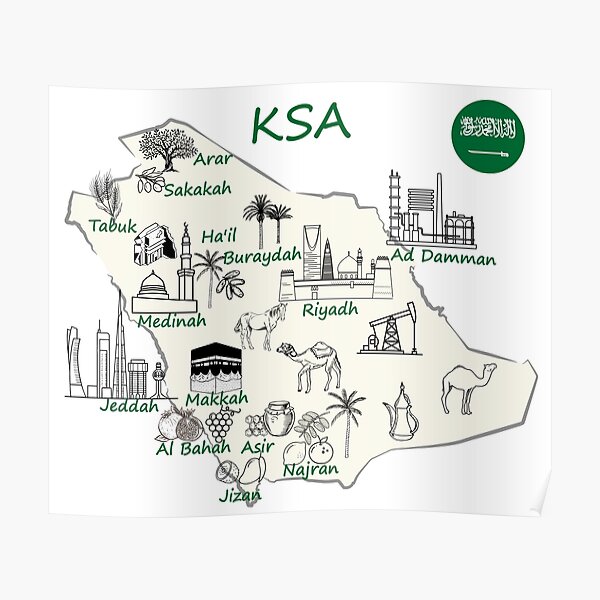 "Saudi Arabia Map hand drawn KSA tourist attractions cities flag ...