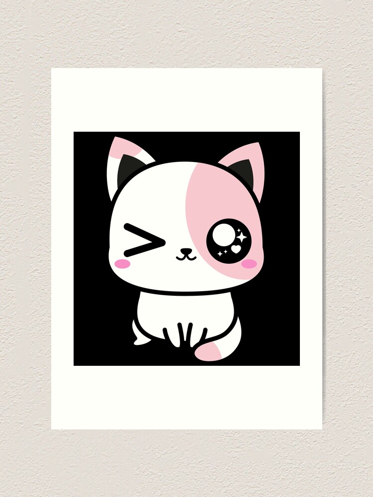 "Winky Kawaii Cat - Pink" Art Print by CinnamonCocaine | Redbubble