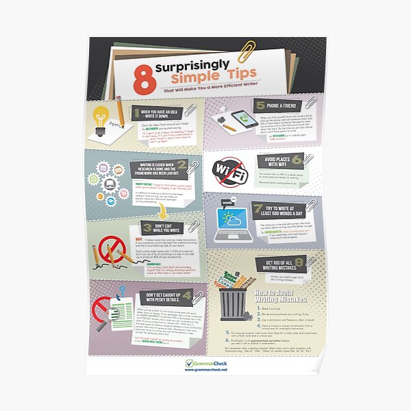 "8 Surprisingly Simple Writing Tips" Poster for Sale by grammarcheck ...