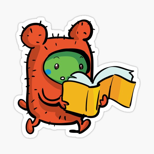 "little green creature in a barbed costume reads a book" Sticker for ...