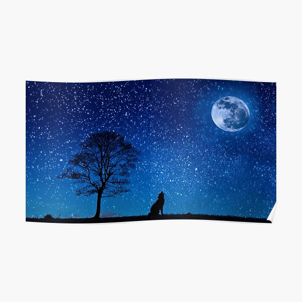 "Wolf howling at blue moon in the starry nite sky" Poster for Sale by ...