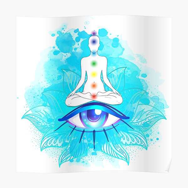 "Blue Watercolor Chakras With Lotus Eye Yoga Design" Poster by ...
