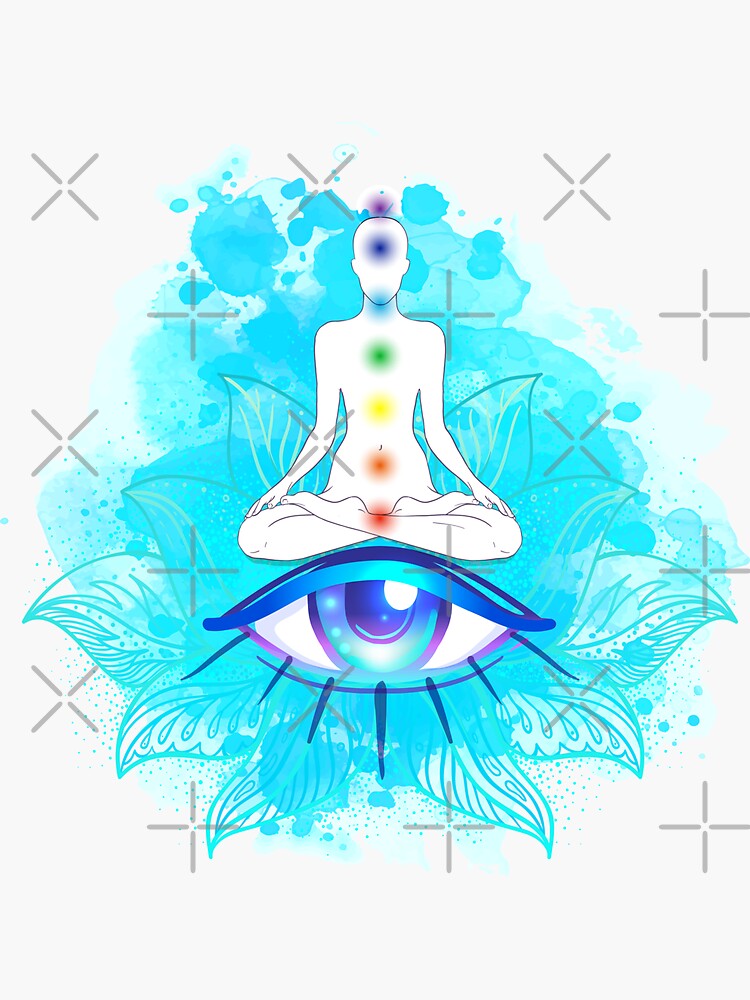 "Blue Watercolor Chakras With Lotus Eye Yoga Design" Sticker by ...
