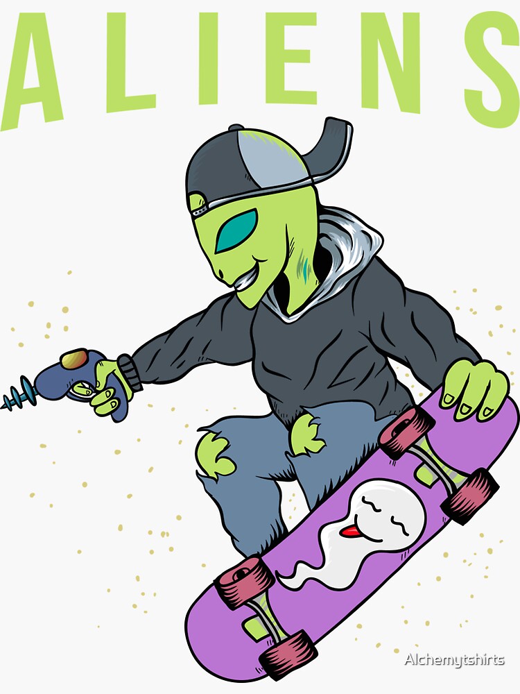 "Aliens Skate Too" Sticker by Alchemytshirts | Redbubble