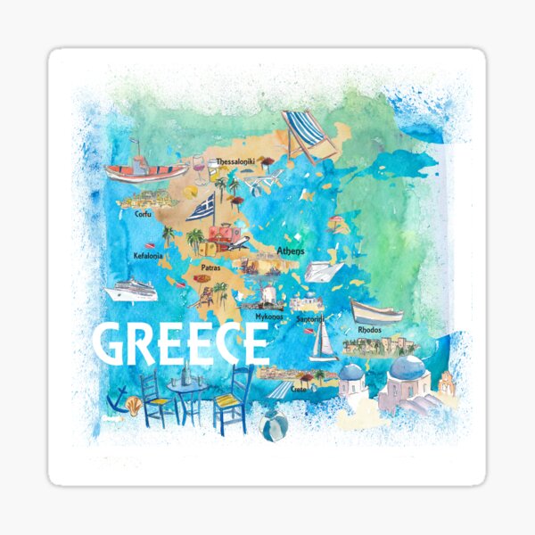 "Greece Illustrated Travel Map with Landmarks and Highlights" Sticker ...