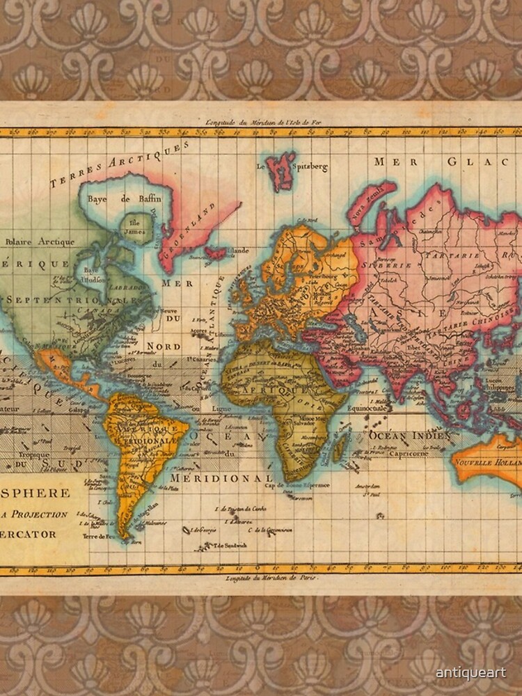 "World Map 1700s Antique Vintage Hemisphere Continents Geography ...