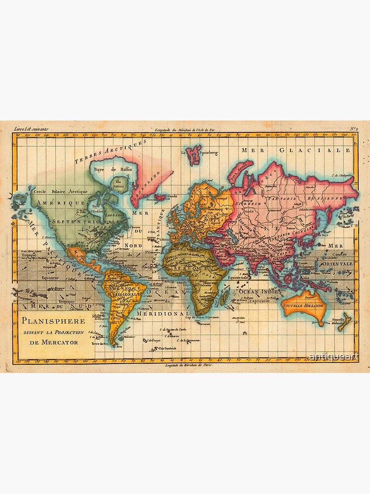 "World Map 1700s Antique Vintage Hemisphere Continents Geography ...