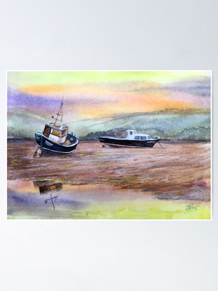 "Low tide: A watercolour painting of boats on the mudflats" Poster by ...