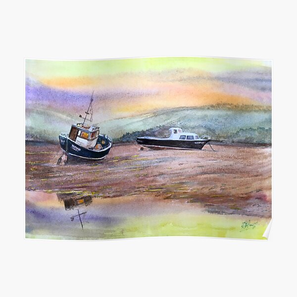 "Low tide: A watercolour painting of boats on the mudflats" Poster by ...