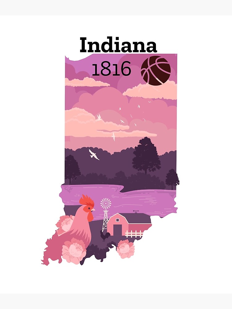 "Indiana state outline with date of entry to the Union and a basketball ...