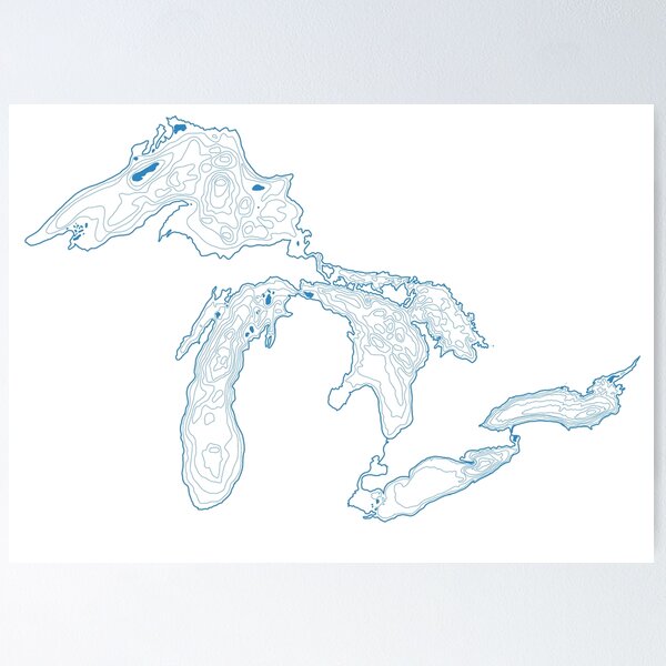 "Great Lakes Depth Map Light Blue Contour Lines" Poster for Sale by ...
