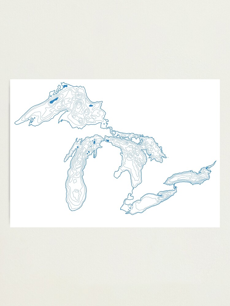 "Great Lakes Depth Map Light Blue Contour Lines" Photographic Print for ...