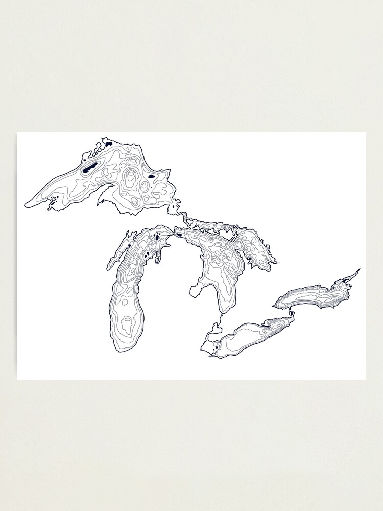 "Great Lakes Depth Map Navy Blue Contour Lines" Photographic Print by ...