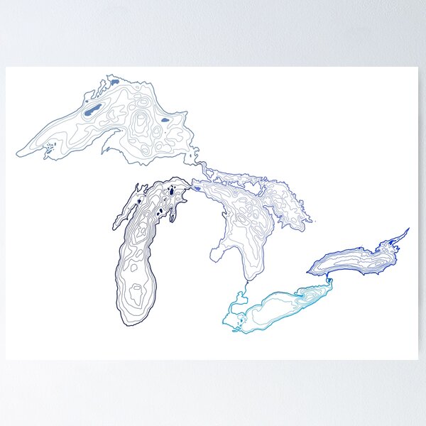"Great Lakes Depth Map Blue Contour Lines" Poster for Sale by Abbey ...