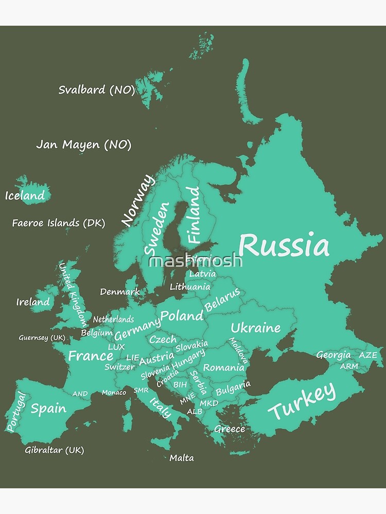 "Europe Map Graphic Printed Map Art Biscay Green and Chive background ...