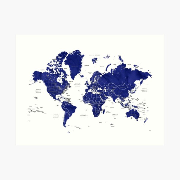 "Navy blue world map with countries" Art Print by blursbyai | Redbubble