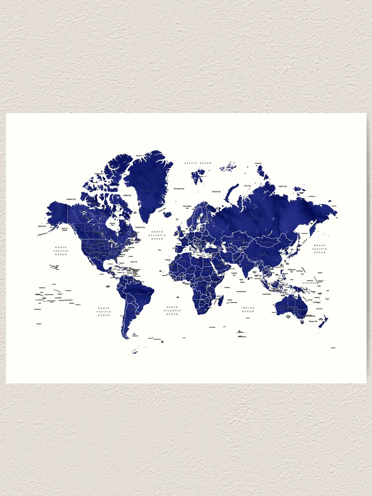 "Navy blue world map with countries" Art Print by blursbyai | Redbubble