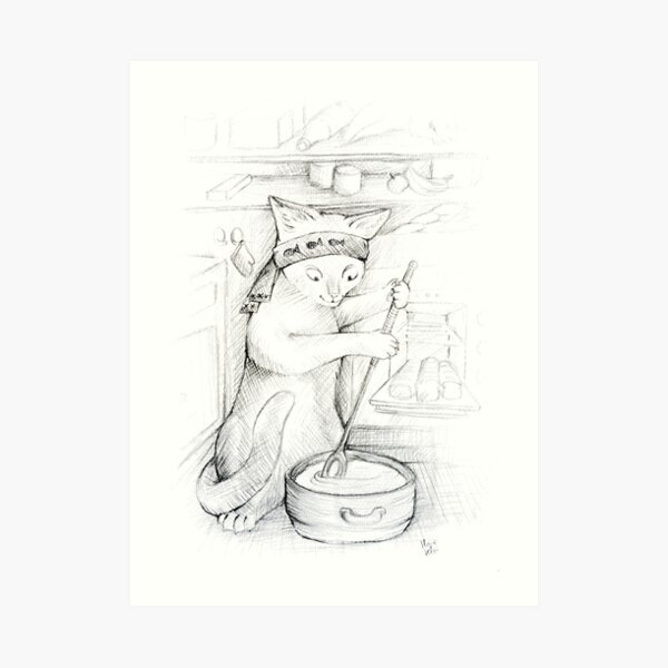 "Cat Cook Drawing" Art Print by HanKlaArt | Redbubble